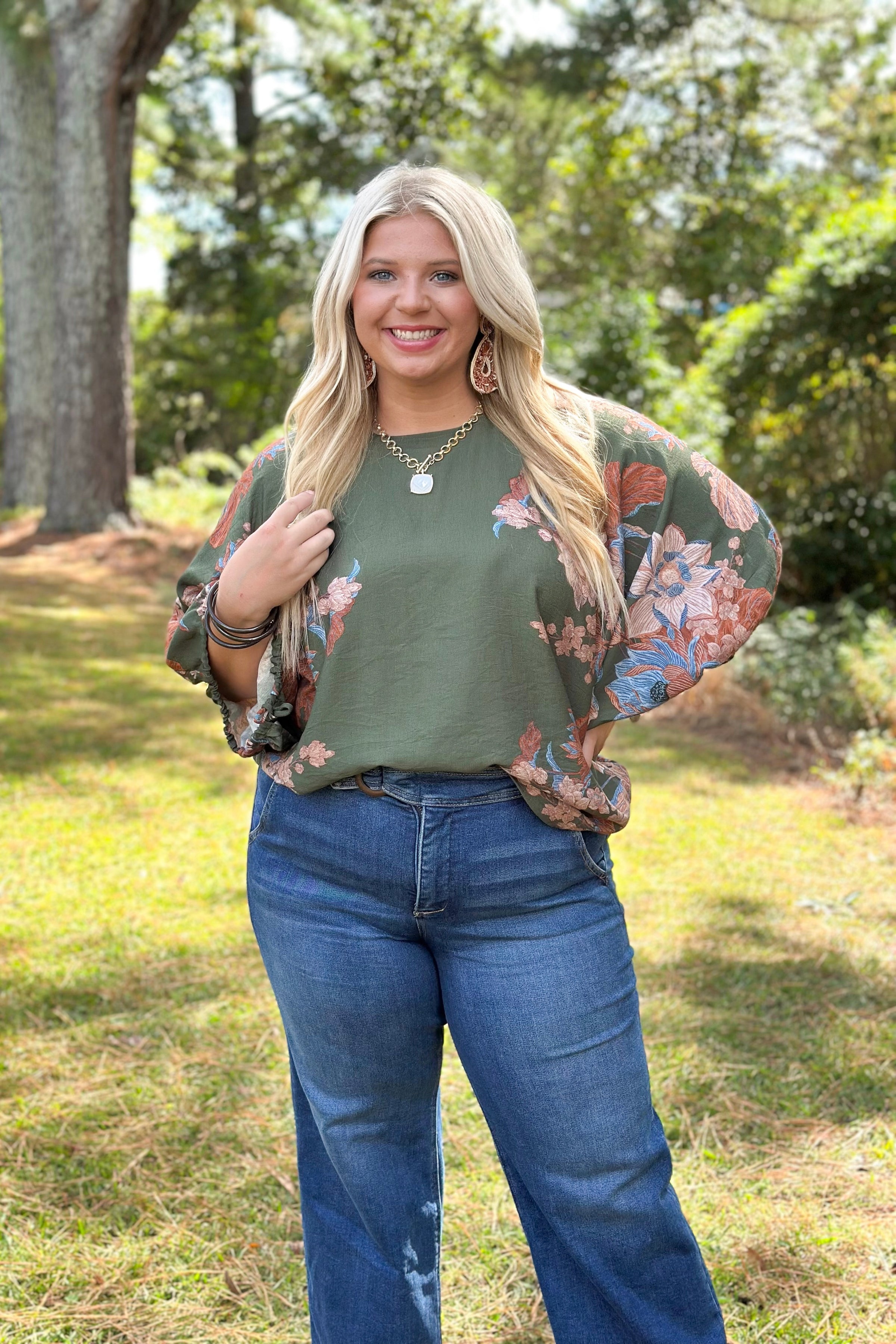 Olive Floral Print Long Sleeve Top