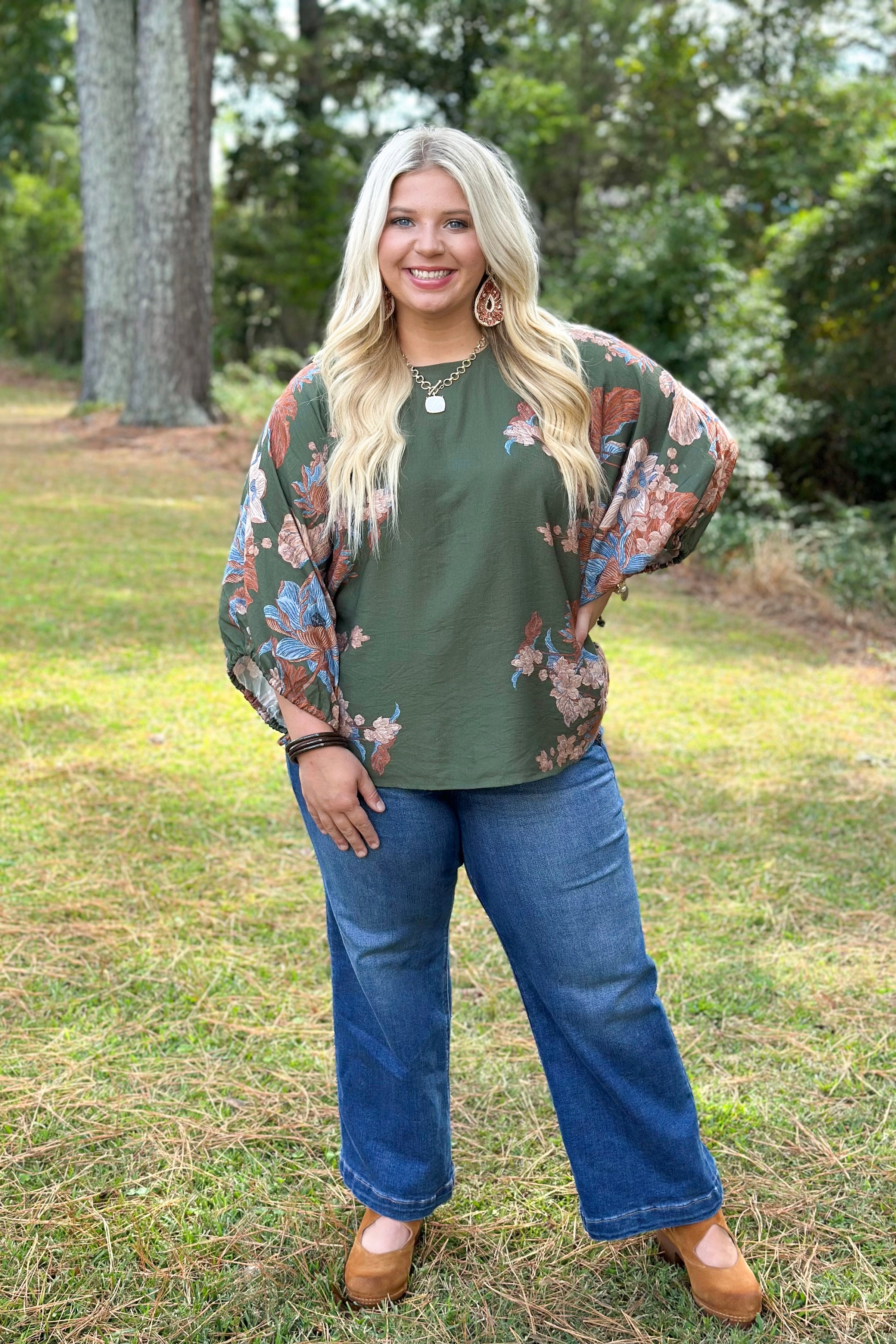 Olive Floral Print Long Sleeve Top